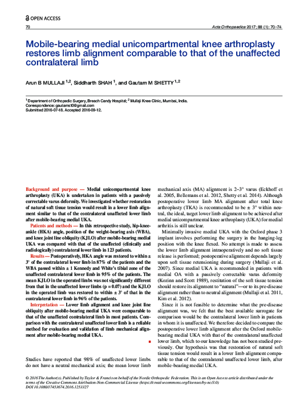 (PDF) Mobile-bearing medial unicompartmental knee arthroplasty restores limb alignment ...
