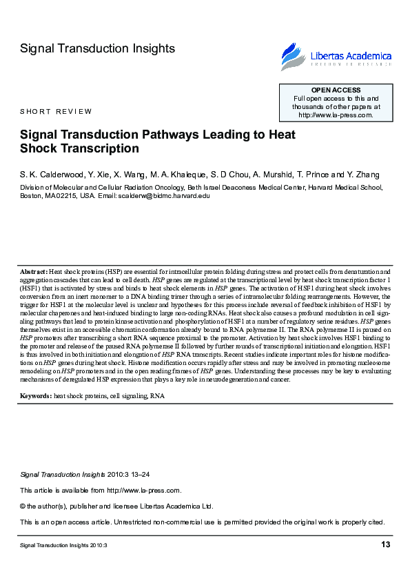 (PDF) Signal Transduction Pathways Leading to Heat Shock Transcription