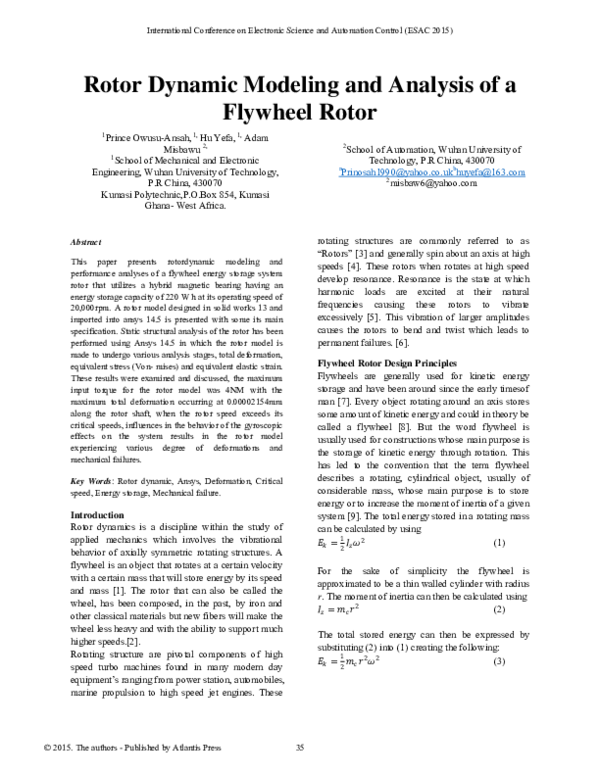 (PDF) Rotor Dynamic Modeling and Analysis of a Flywheel Rotor
