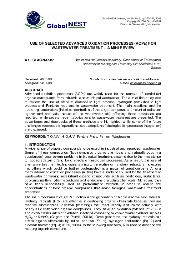 (PDF) Use of selected advanced oxidation processes (AOPs) for waste ...