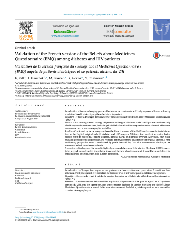 (PDF) Validation of the French version of the Beliefs about Medicines ...