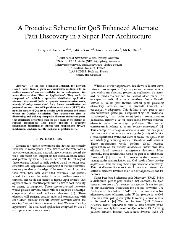 Pdf Ise02 1 A Proactive Scheme For Qos Enhanced Alternate Path Discovery In A Super Peer