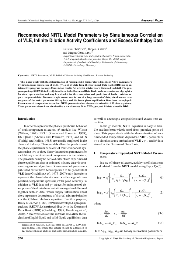 (PDF) Recommended NRTL Model Parameters by Simultaneous Correlation of ...