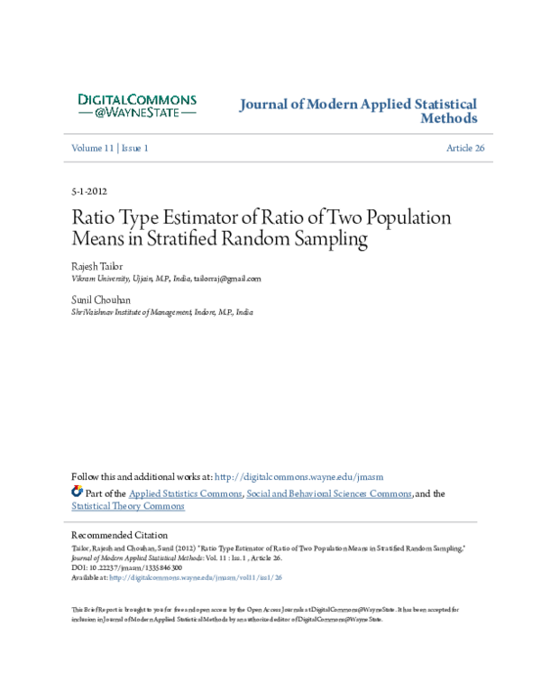 (PDF) Ratio Type Estimator of Ratio of Two Population Means in Stratified Random Sampling