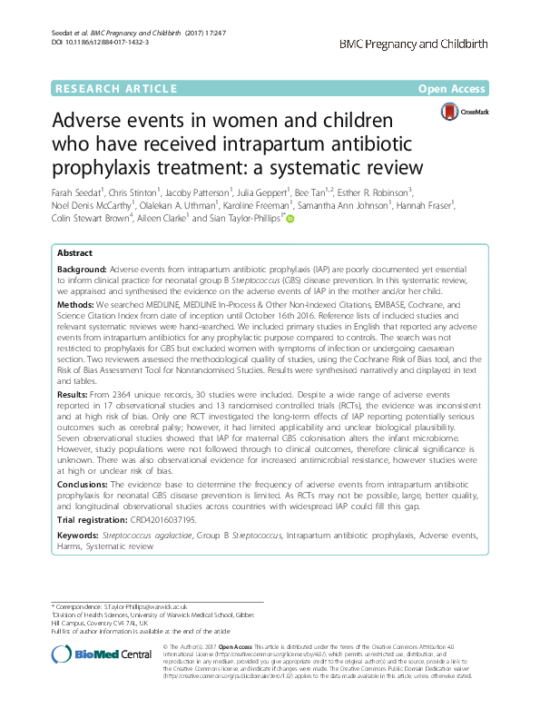 Adverse events in women and children who have received intrapartum antibiotic prophylaxis ...