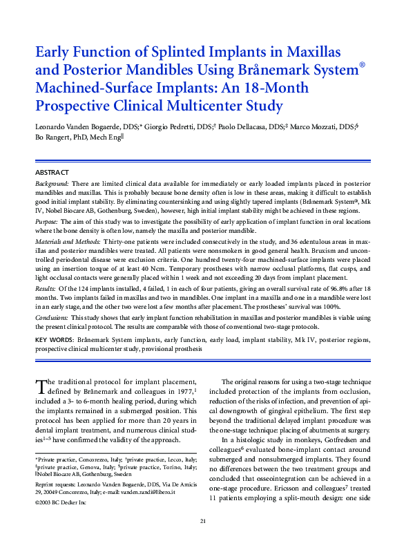 (PDF) Early Function of Splinted Implants in Maxillas and Posterior ...