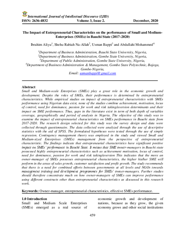 (PDF) The Impact of Entrepreneurial Characteristics on the performance of Small and Medium ...