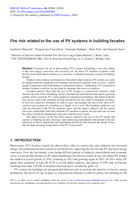 (PDF) Fire risk related to the use of PV systems in building facades