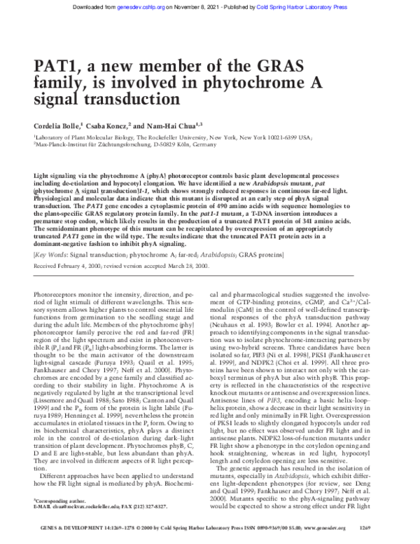 (PDF) PAT1, a new member of the GRAS family, is involved in phytochrome ...