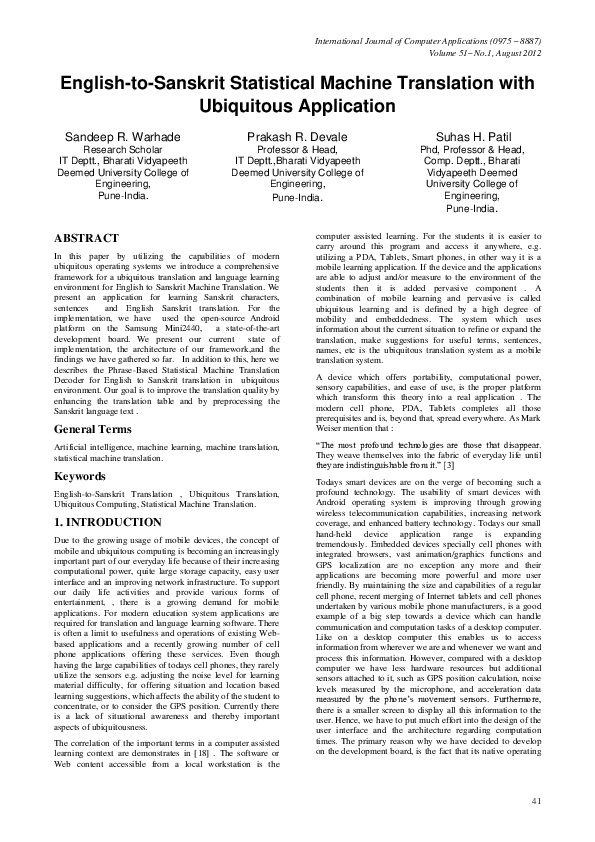 (PDF) English-to-Sanskrit Statistical Machine Translation with Ubiquitous Application