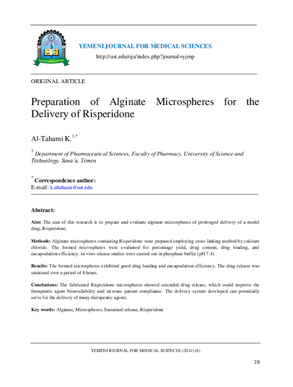 (PDF) Preparation of Alginate Microspheres for the Delivery of Risperidone