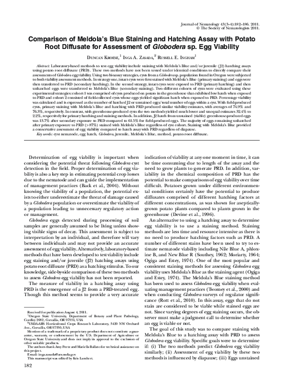 (PDF) Comparison of Meldola's Blue Staining and Hatching Assay with ...