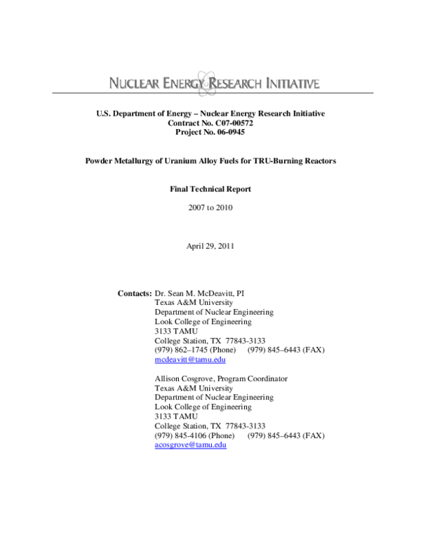 (PDF) Powder Metallurgy of Uranium Alloy Fuels for TRU-Burning Reactors ...