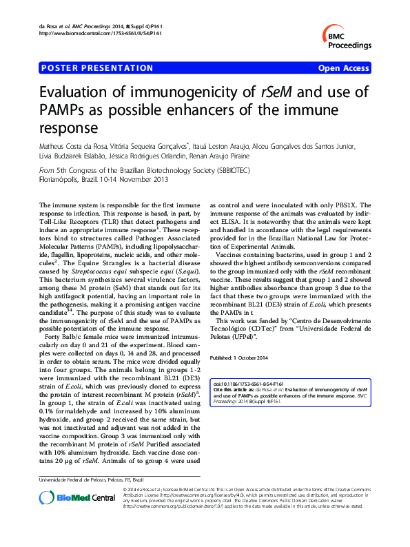 (PDF) Evaluation of immunogenicity of rSeM and use of PAMPs as possible ...