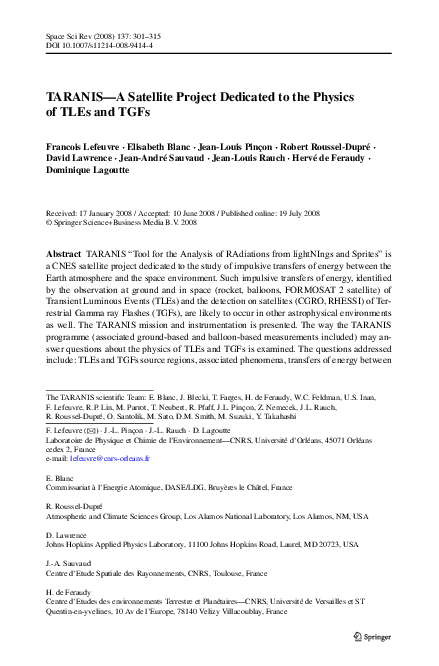 (PDF) TARANIS A Satellite Project Dedicated to the Physics of TLEs and TGFs