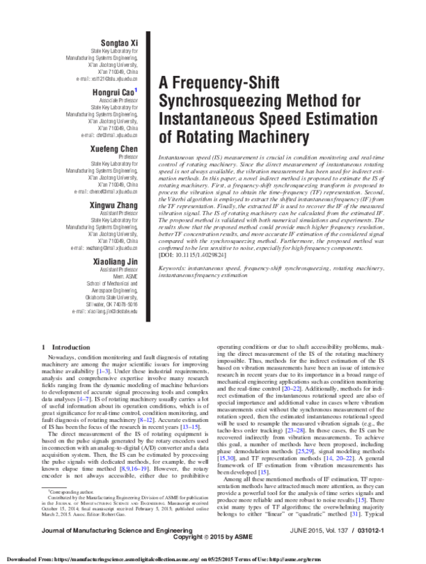 Pdf A Frequency Shift Synchrosqueezing Method For Instantaneous Speed Estimation Of Rotating