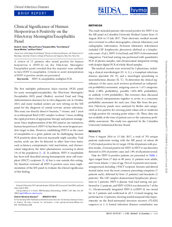 (PDF) Clinical Significance of Human Herpesvirus 6 Positivity on the ...
