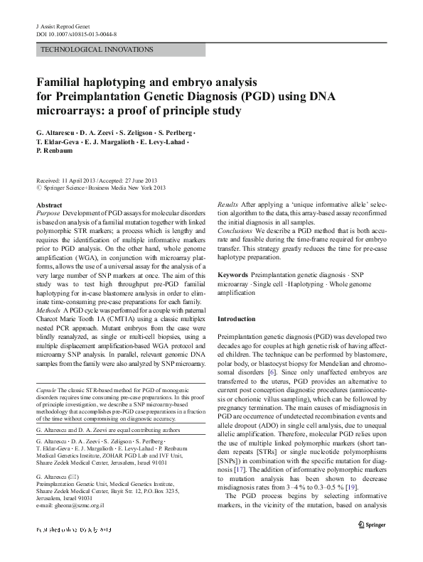 (PDF) Familial haplotyping and embryo analysis for Preimplantation Genetic Diagnosis (PGD) using ...