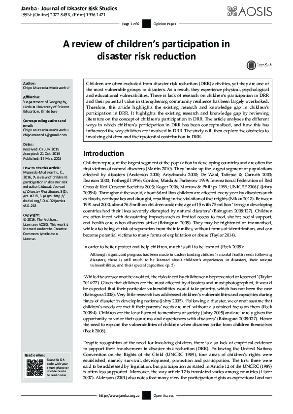 (PDF) A review of children’s participation in disaster risk reduction