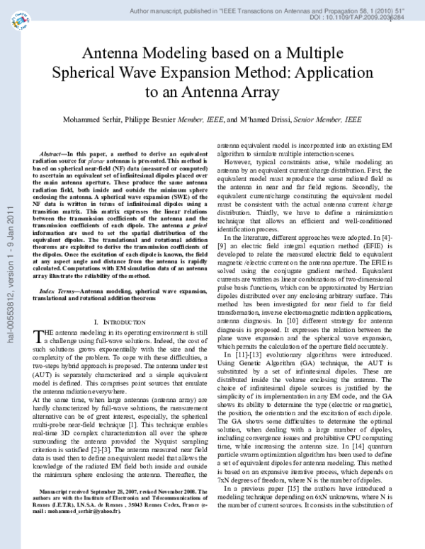 (PDF) Antenna Modeling Based on a Multiple Spherical Wave Expansion Method: Application to an ...