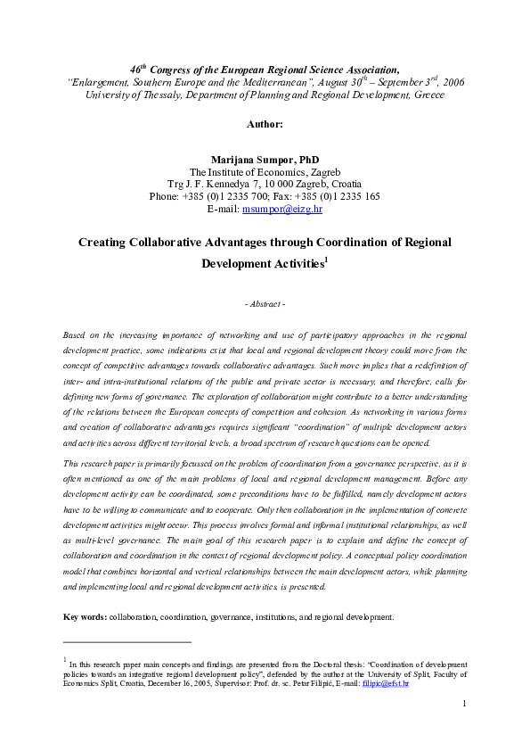 (PDF) Creating Collaborative Advantages through Coordination of Regional Development Activities
