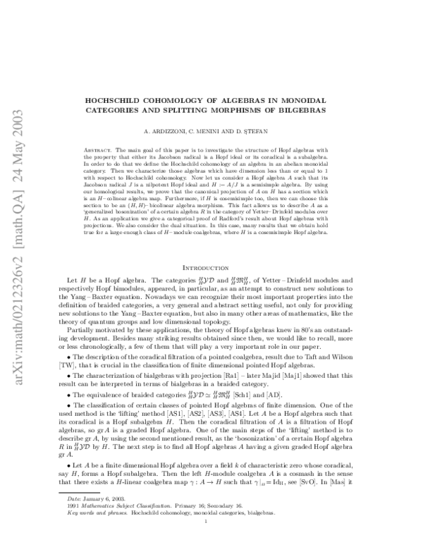 (PDF) Hochschild Cohomology of Algebras in Monoidal Categories and Splitting Morphisms of Bialgebras