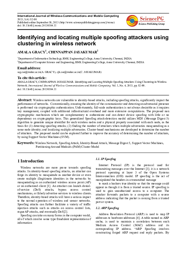 Pdf Identifying And Locating Multiple Spoofing Attackers Using Clustering In Wireless Network