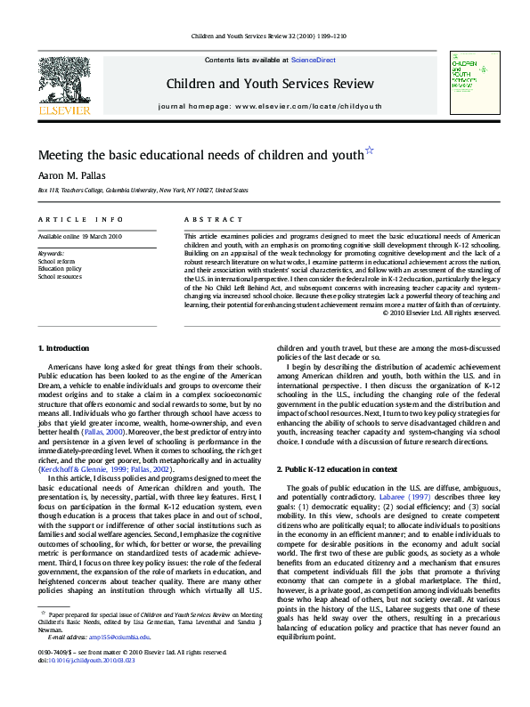 (PDF) Meeting the basic educational needs of children and youth