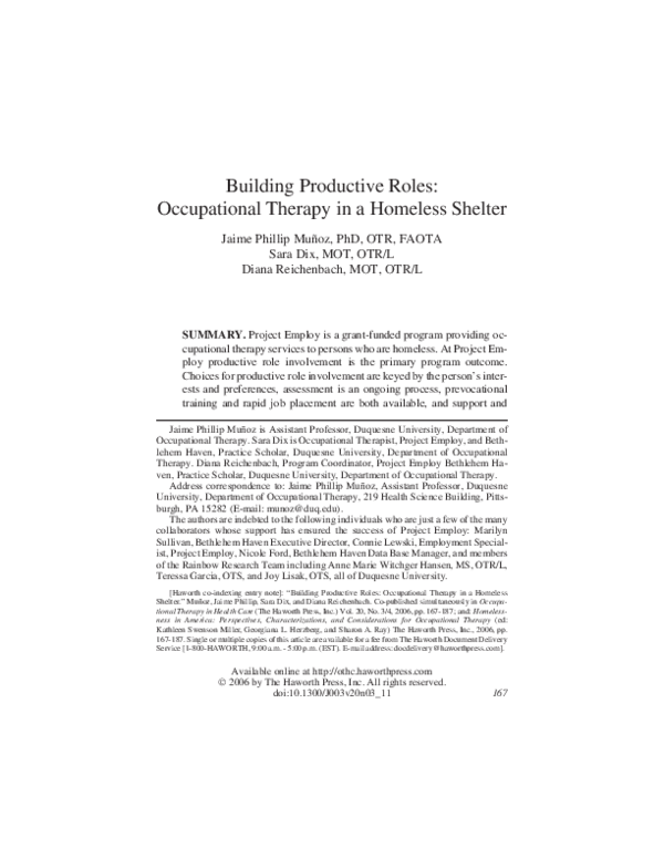 (PDF) Building productive roles: Occupational therapy in a homeless shelter