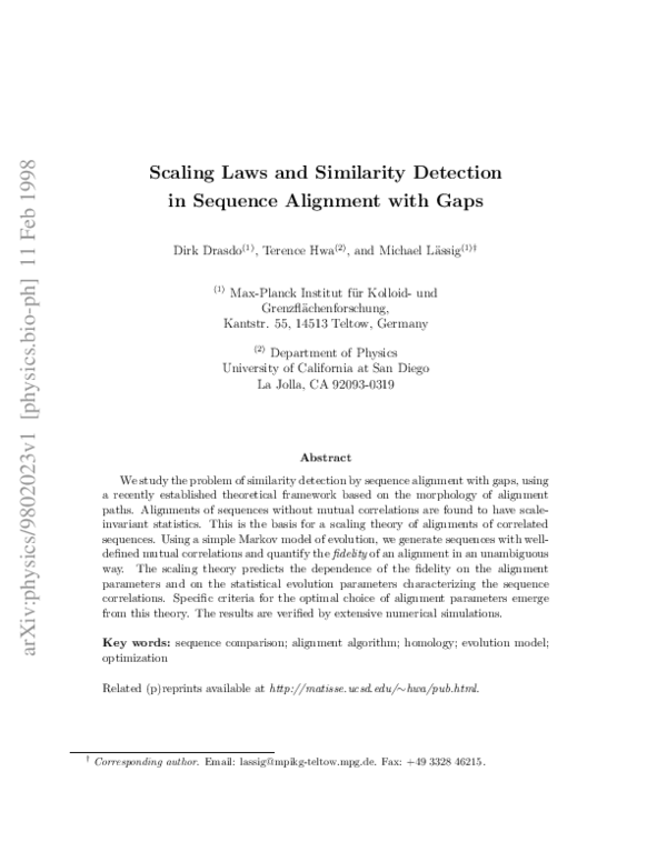 (PDF) Scaling Laws and Similarity Detection in Sequence Alignment with Gaps