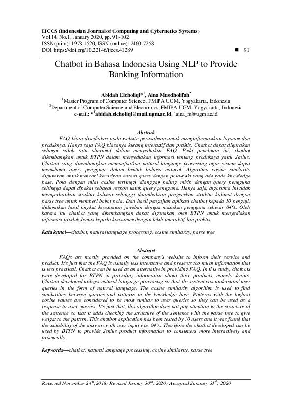 (PDF) Chatbot in Bahasa Indonesia using NLP to Provide Banking Information (PDF) Chatbot in Bahasa Indonesia using NLP to Provide Banking Information