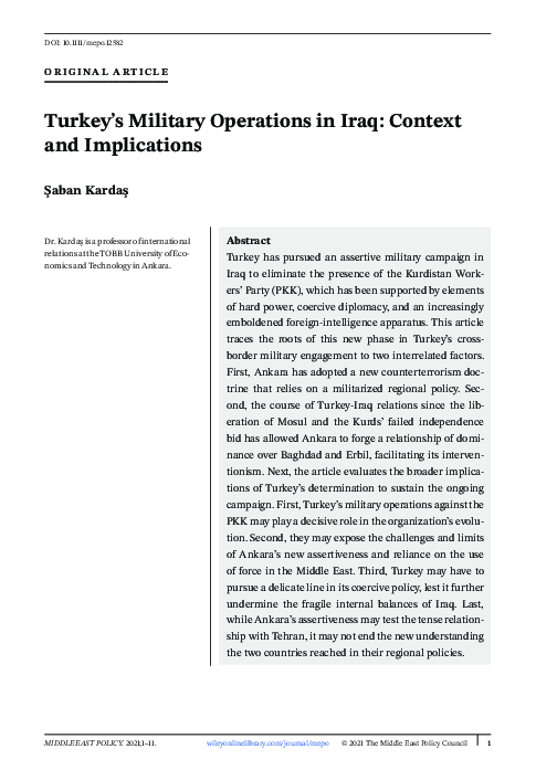 (PDF) Turkey's Military Operations in Iraq: Context and Implications