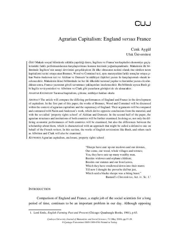 (PDF) The Agrarian Capitalism: England versus France