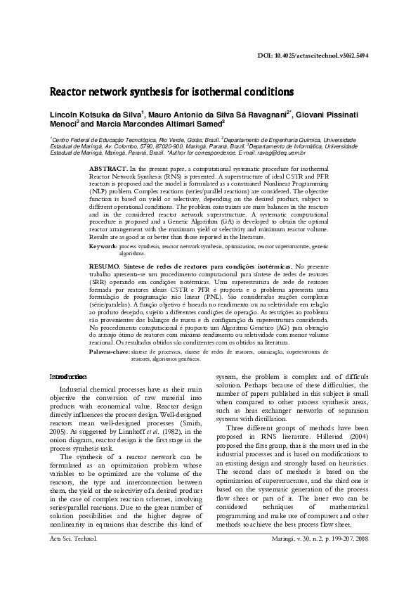 (PDF) Reactor network synthesis for isothermal conditions = Síntese de ...
