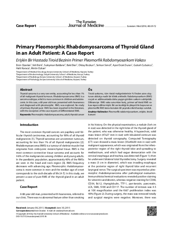 (PDF) Primary Pleomorphic Rhabdomyosarcoma of Thyroid Gland in an Adult ...