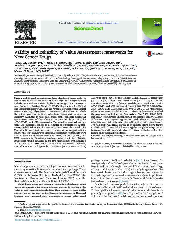 (PDF) Validity and Reliability of Value Assessment Frameworks for New ...