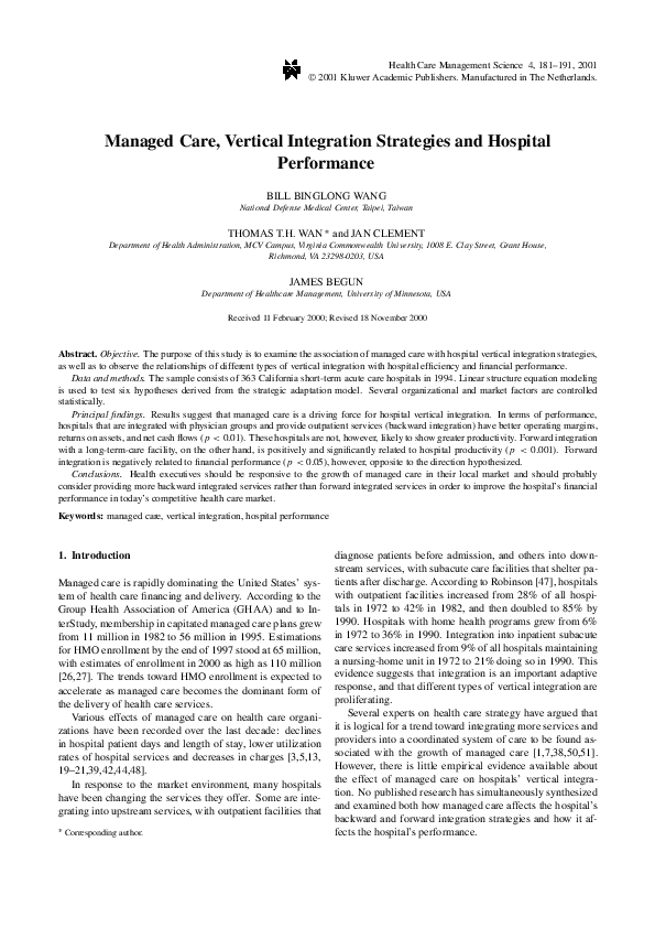 (PDF) Managed care, vertical integration strategies and hospital ...