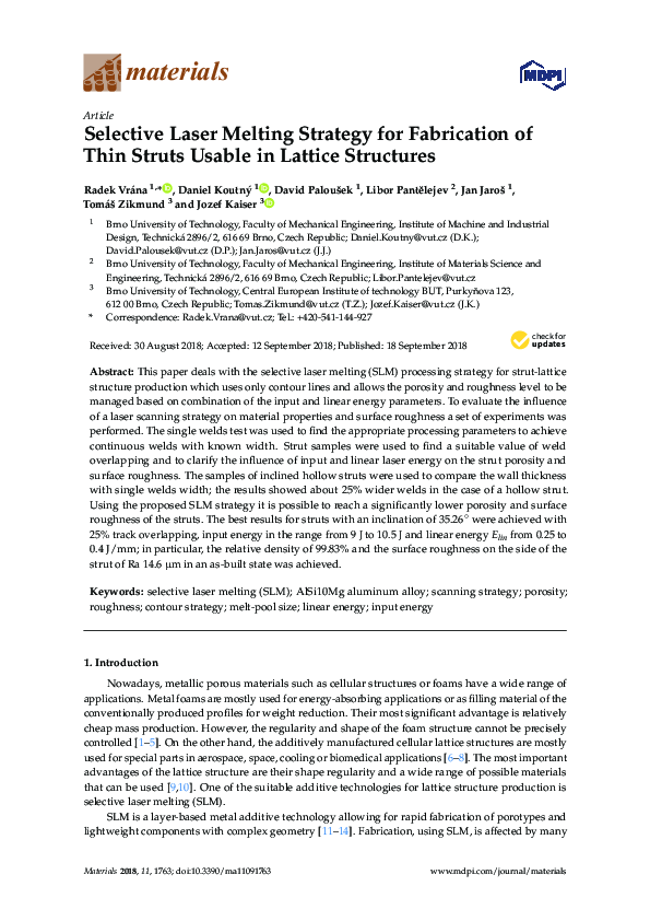 (PDF) Selective Laser Melting Strategy for Fabrication of Thin Struts Usable in Lattice Structures