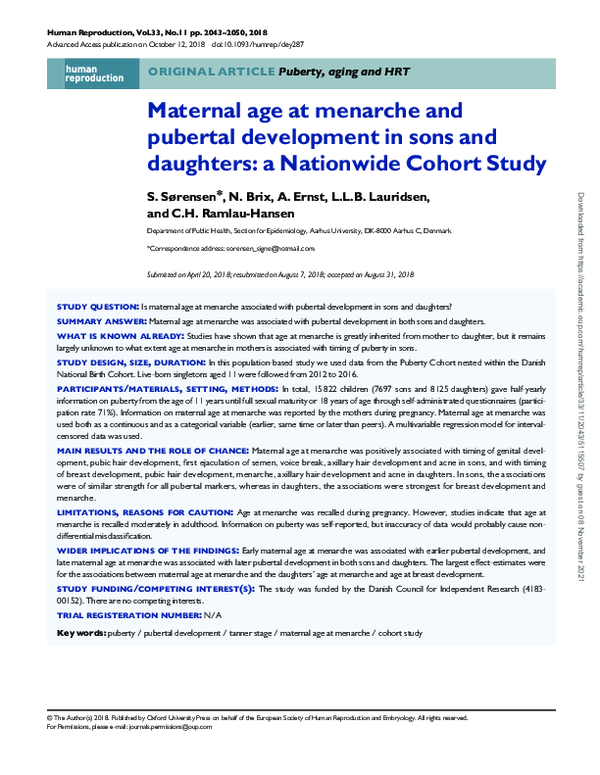 (PDF) Maternal age at menarche and pubertal development in sons and ...