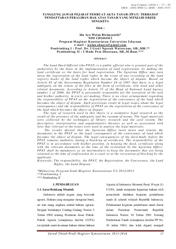 (PDF) Tanggung Jawab Pejabat Pembuat Akta Tanah (PPAT) Terhadap Pendaftaran Peralihan Hak Atas ...