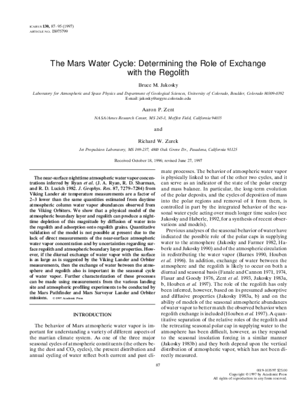(PDF) The Mars Water Cycle: Determining the Role of Exchange with the ...