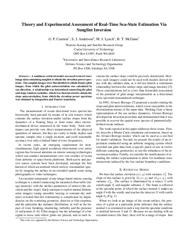 Pdf Theory And Experimental Assessment Of Real Time Sea State Estimation Via Sunglint Inversion