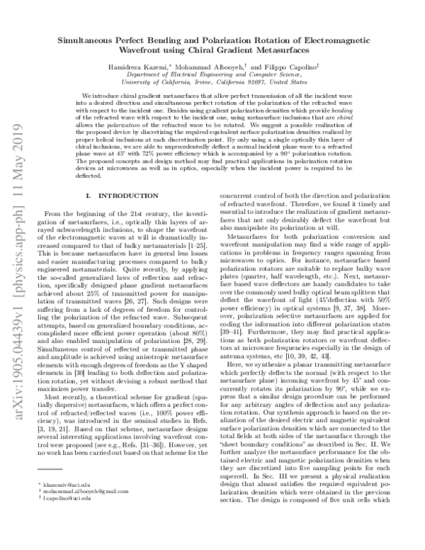(PDF) Simultaneous Perfect Bending and Polarization Rotation of Electromagnetic Wavefront Using ...