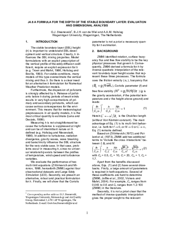 (PDF) A Formula for the Depth of the Stable Boundary layer: Evaluation and Dimensional Analysis