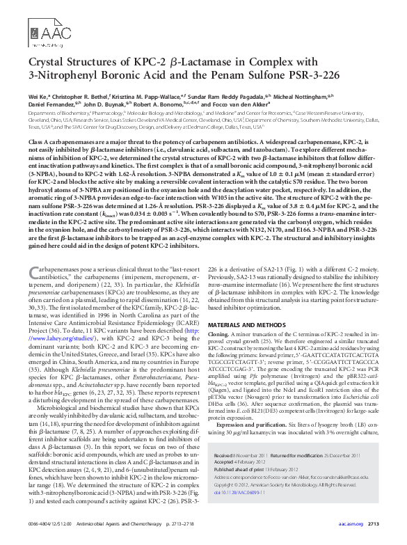 (PDF) Crystal Structures of KPC-2 -Lactamase in Complex with 3 ...