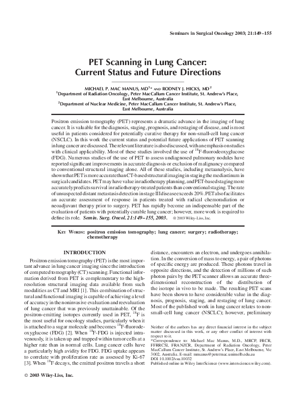 (PDF) PET scanning in lung cancer: Current status and future directions
