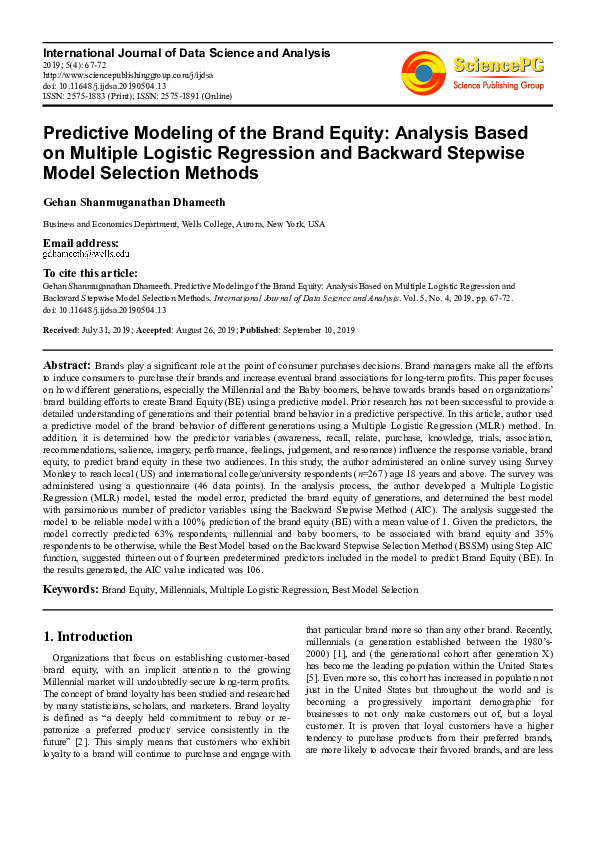 Pdf Predictive Modeling Of The Brand Equity Analysis Based On Multiple Logistic Regression