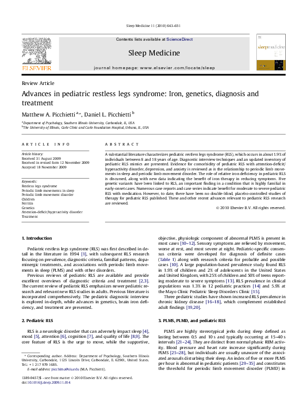 (PDF) Advances in pediatric restless legs syndrome: Iron, genetics ...