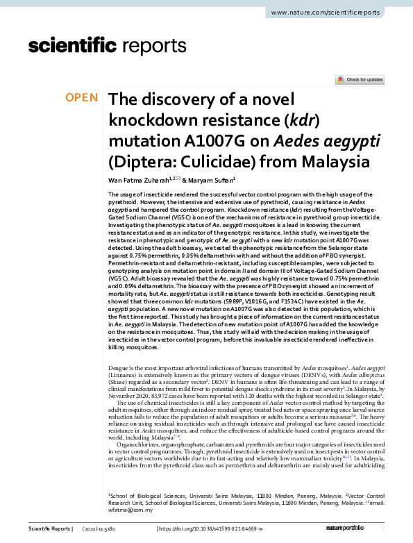 (PDF) The discovery of a novel knockdown resistance (kdr) mutation A1007G on Aedes aegypti ...