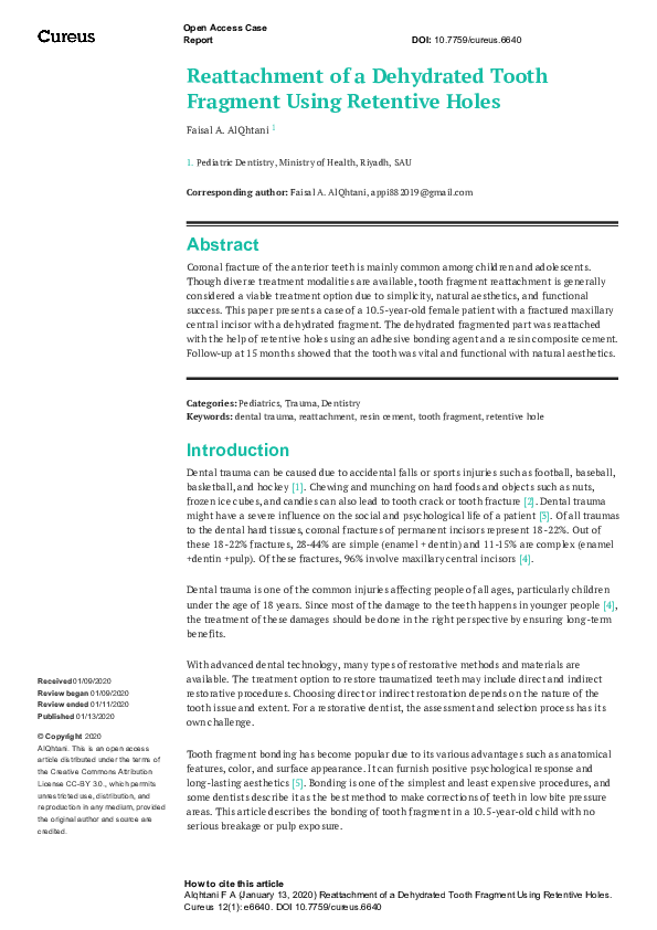 (PDF) Reattachment of a Dehydrated Tooth Fragment Using Retentive Screws